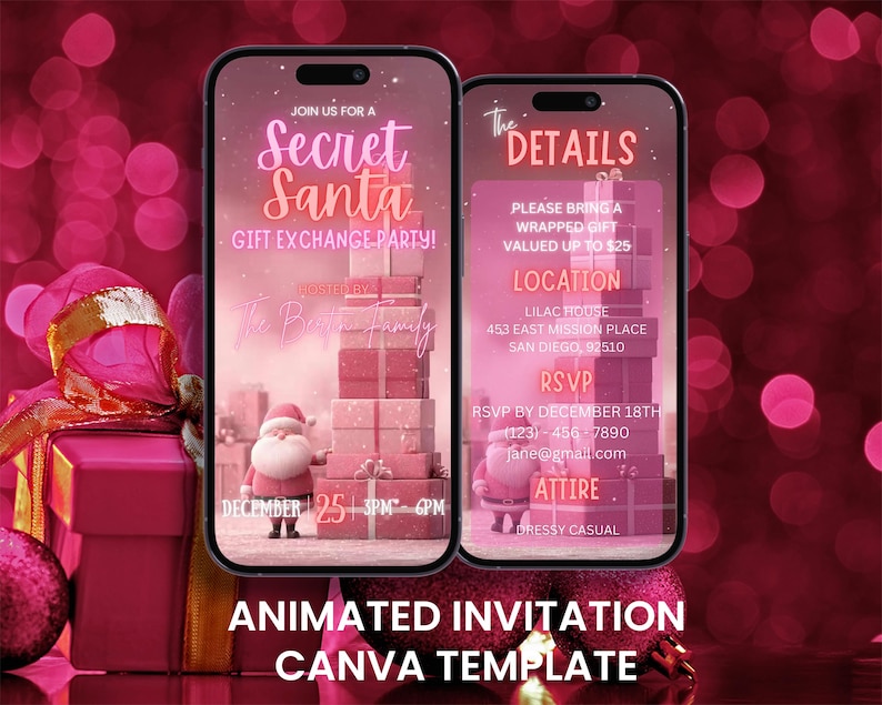 Pink Secret Santa Animated Invitation, Christmas Gift Exchange (digital ...