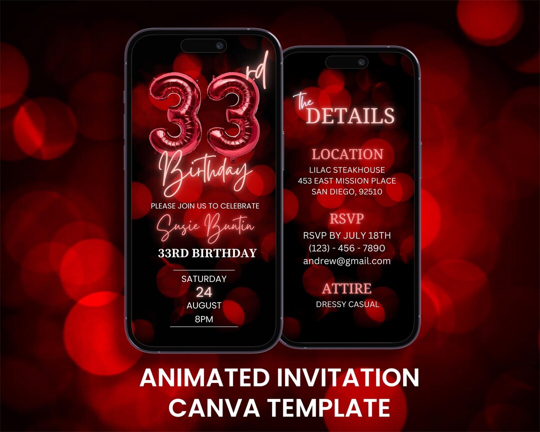 33rd Birthday Animated Invitation: Red Balloon Theme (digital Mobile ...