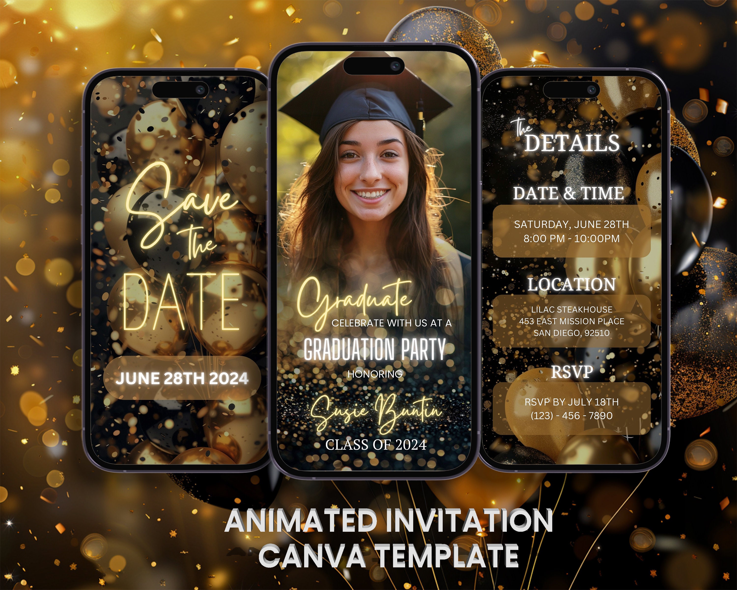 Animated Black and Gold Graduation Party Video Invitation (digital Card ...