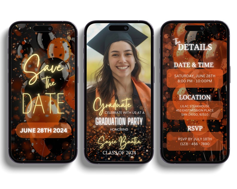 Animated Black and Orange Graduation Party Photo Video Invitation ...