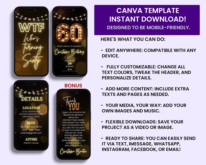 Funny 60th Birthday Invitation: Animated Neon Video Evite (digital ...