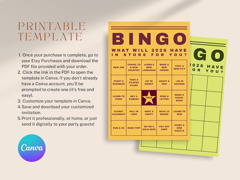 2026 Vision Board Bingo Canva Template — Editable 5x7 Printable Bingo ...