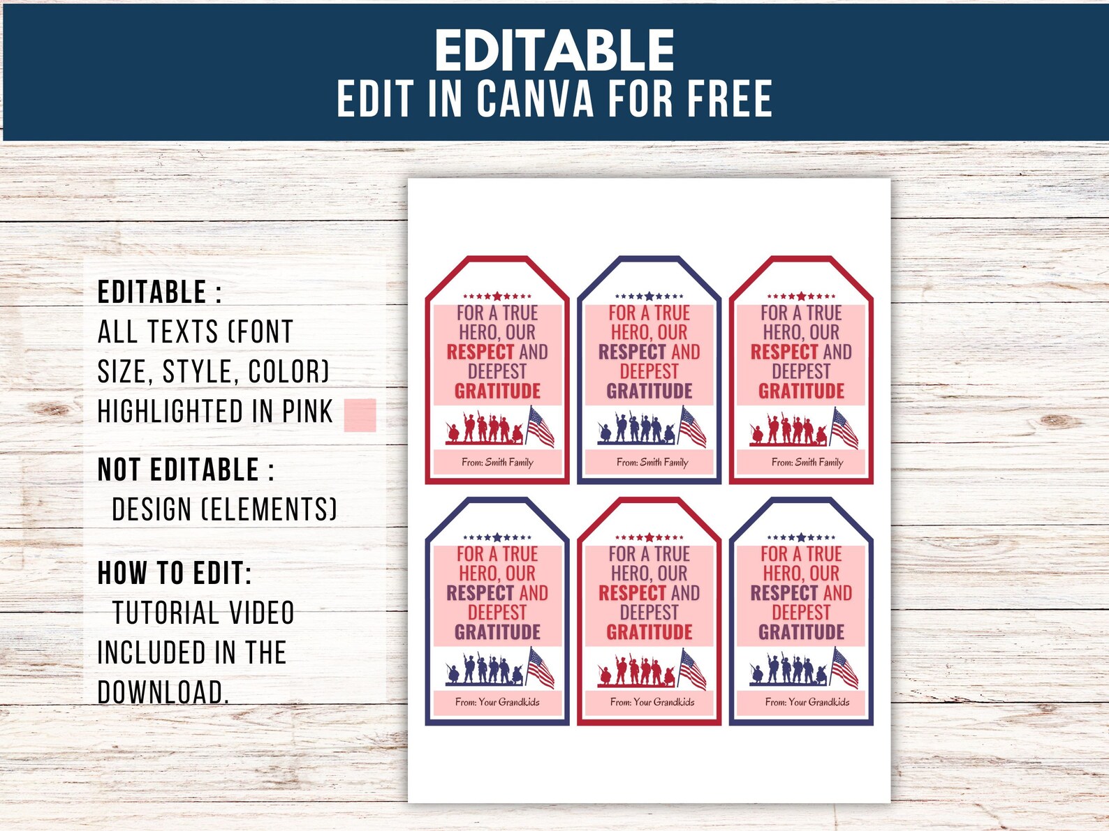 Veterans Day Gift Tag, Veterans Day Tags, Veterans Day Labels, Editable ...