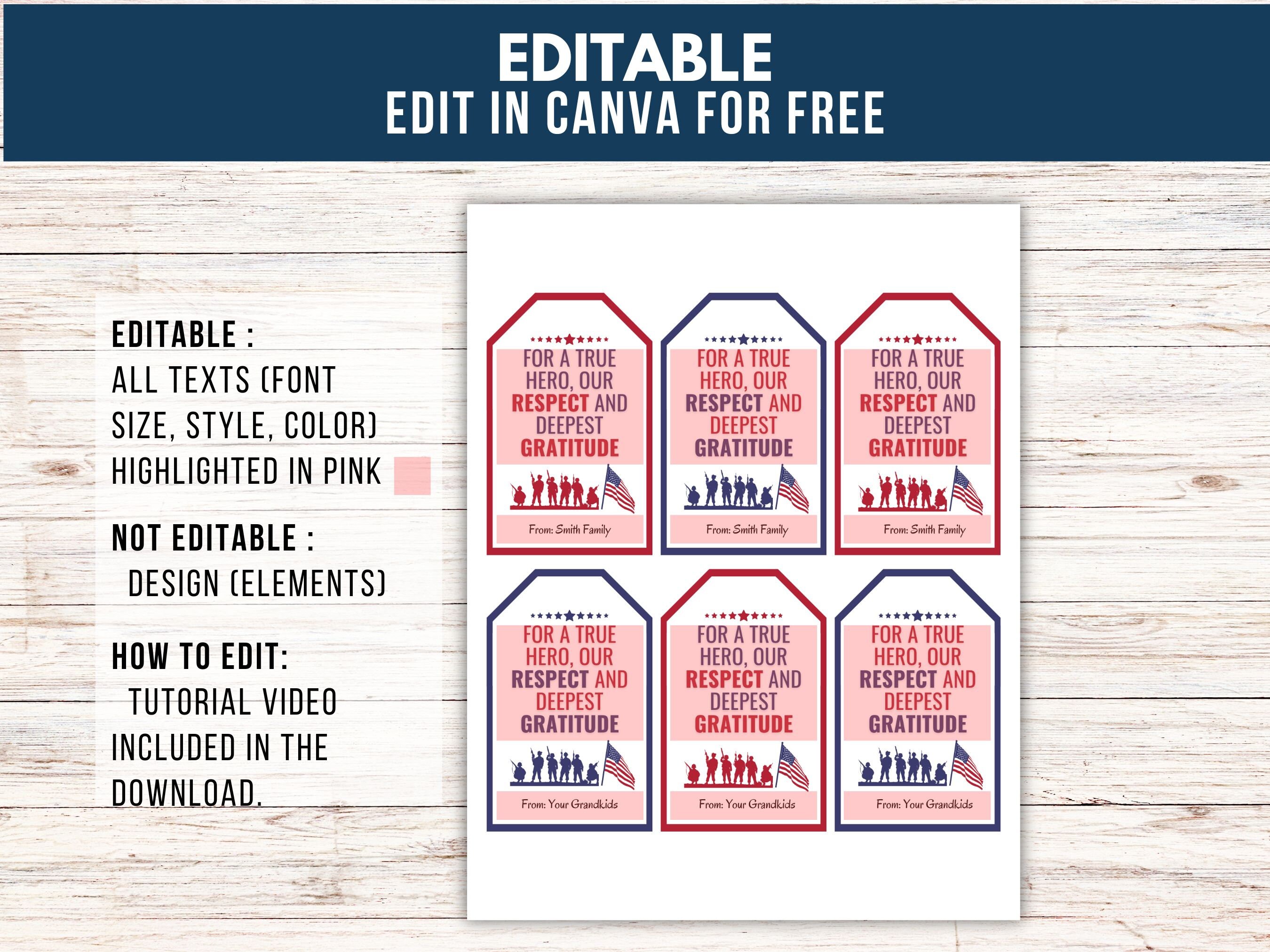 Veterans Day Gift Tag, Veterans Day Tags, Veterans Day Labels, Editable ...