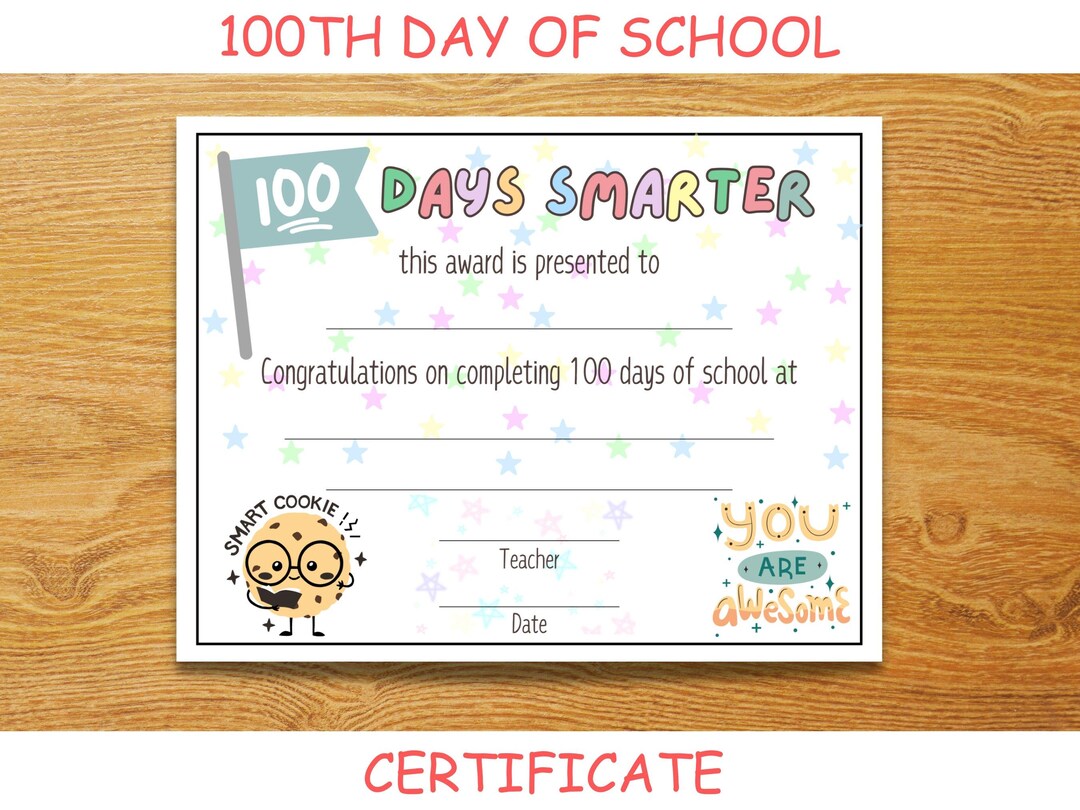 100th Day of School Certificate: Student Award (PDF Printable) - Etsy