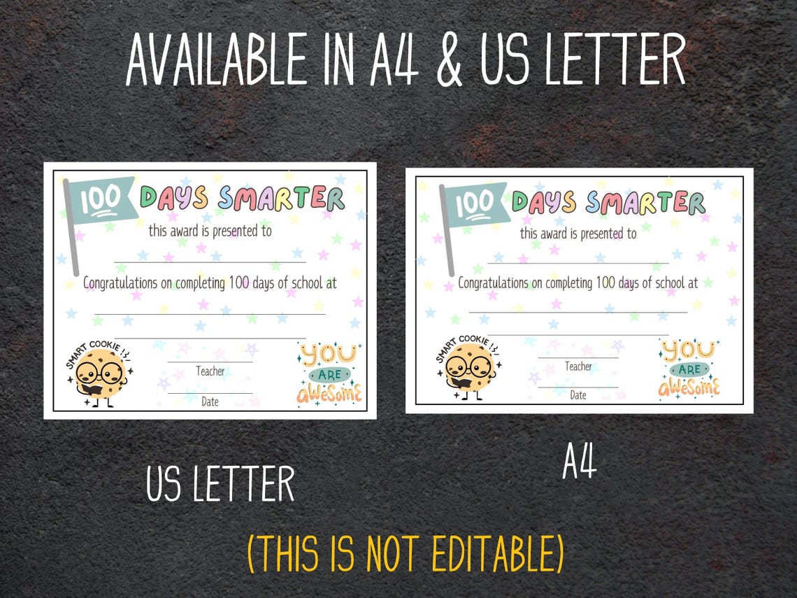 100th Day of School Certificate: Student Award (PDF Printable) - Etsy