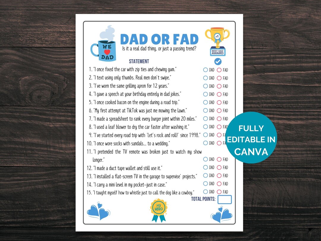 Fathers Day Trivia Game Dad or Fad, Funny Fathers Day Game, Fathers Day ...