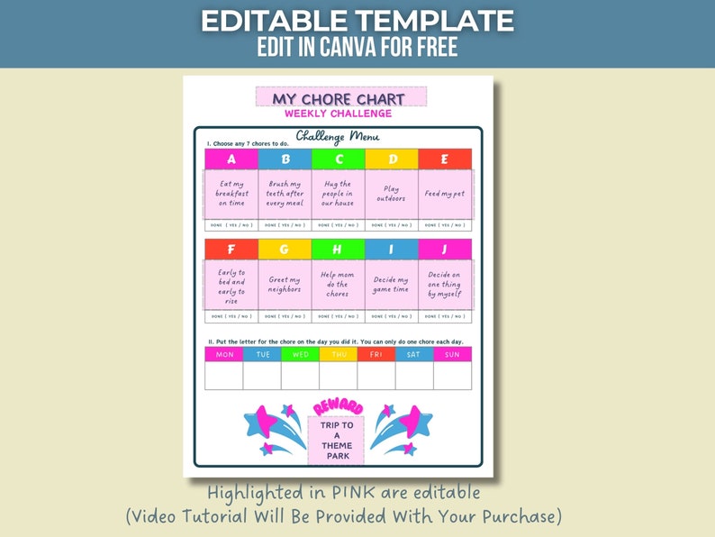 Kids Chore Chart, Kids Reward Chart, Behaviour Chart, Editable Kids ...