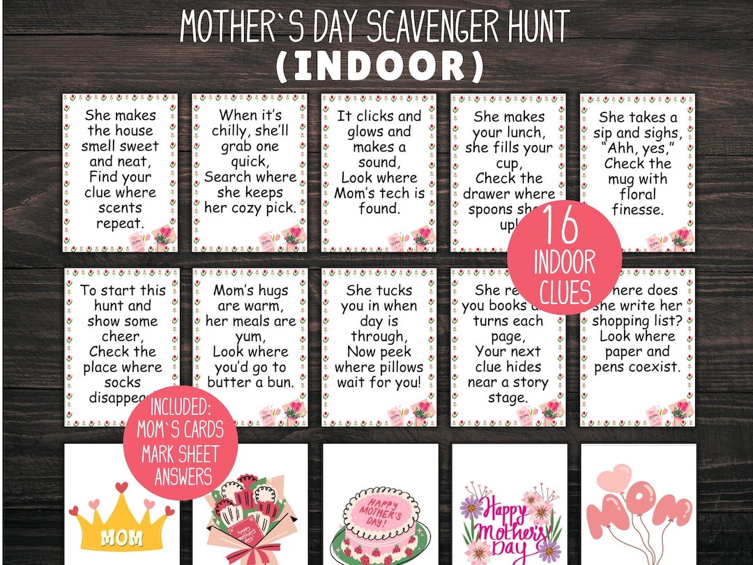 Mothers Day Scavenger Hunt, Indoor Scavenger Hunt, Scavenger Hunt Clues ...