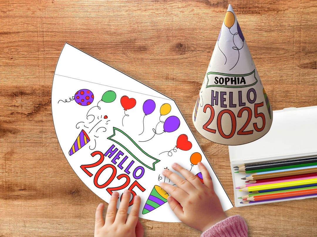 2025 New Year Party Hat, Printable Color Your Own Party Hat, Kids New ...