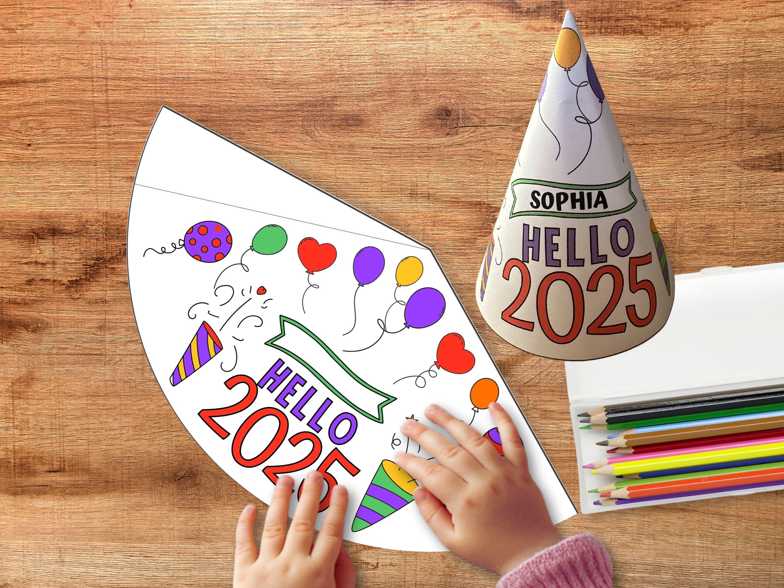 2025 New Year Party Hat, Printable Color Your Own Party Hat, Kids New ...