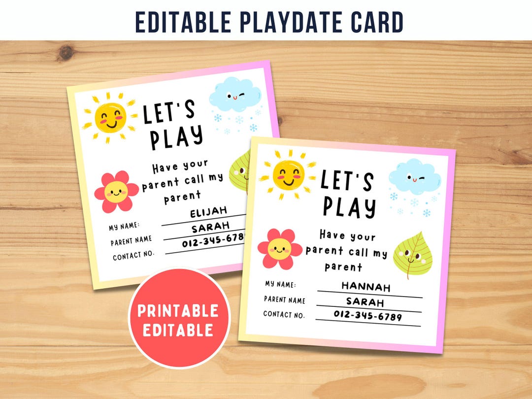 Editable Playdate Cards, Let's Play Printable Cards, Play Date Cards, Kids Calling Cards, Summer ...
