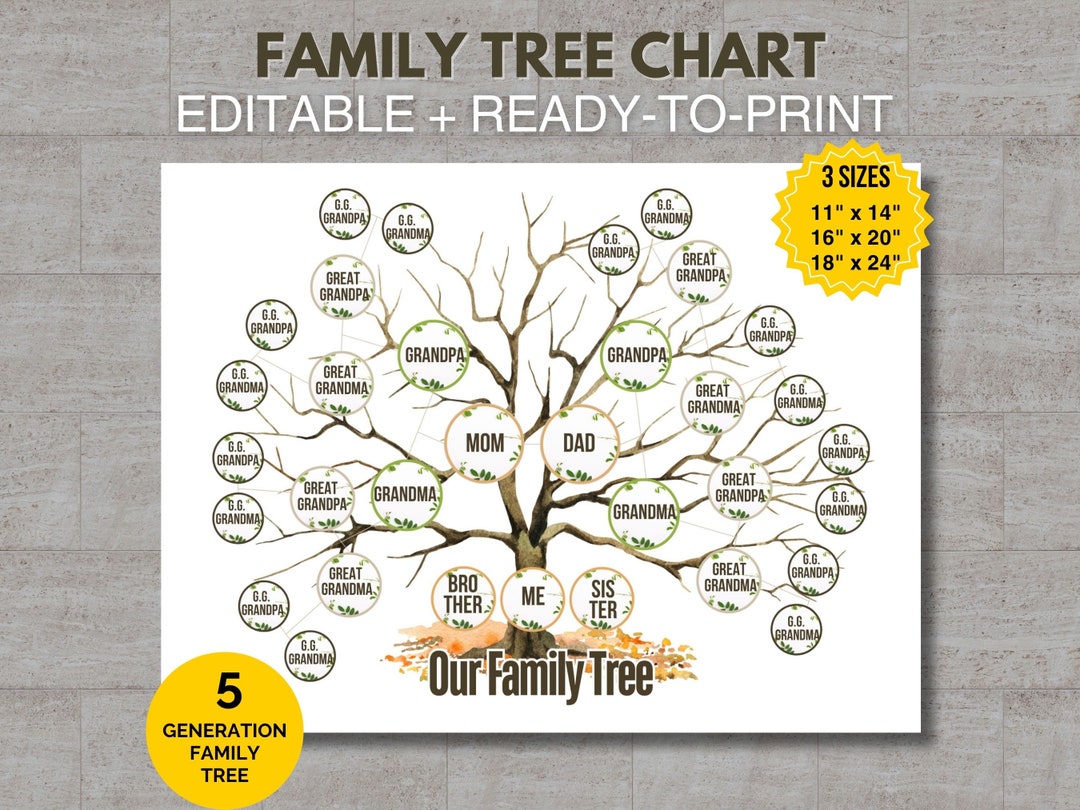 5-generation Family Tree Chart: Editable Template (PDF) - Etsy