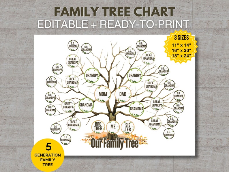 5-generation Family Tree Chart: Editable Template (PDF) - Etsy UK