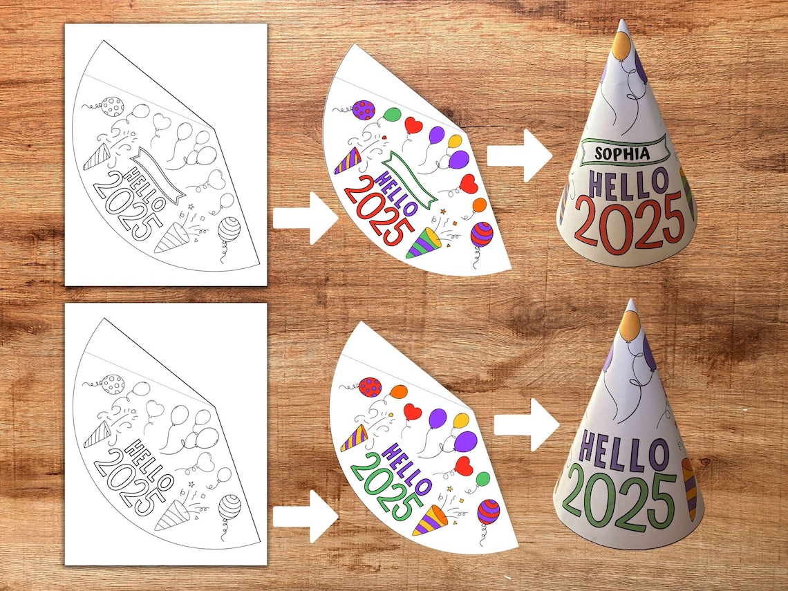 2025 New Year Party Hat, Printable Color Your Own Party Hat, Kids New ...