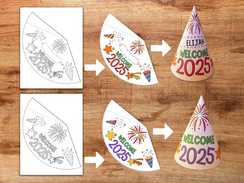 2025 New Year Party Hat, Printable Color Your Own Party Hat, Kids New ...