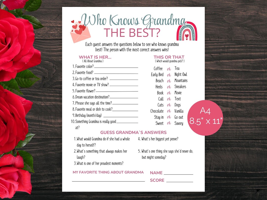 Grandma Trivia Game: Grandparents Day Icebreaker (PDF Downloadable ...