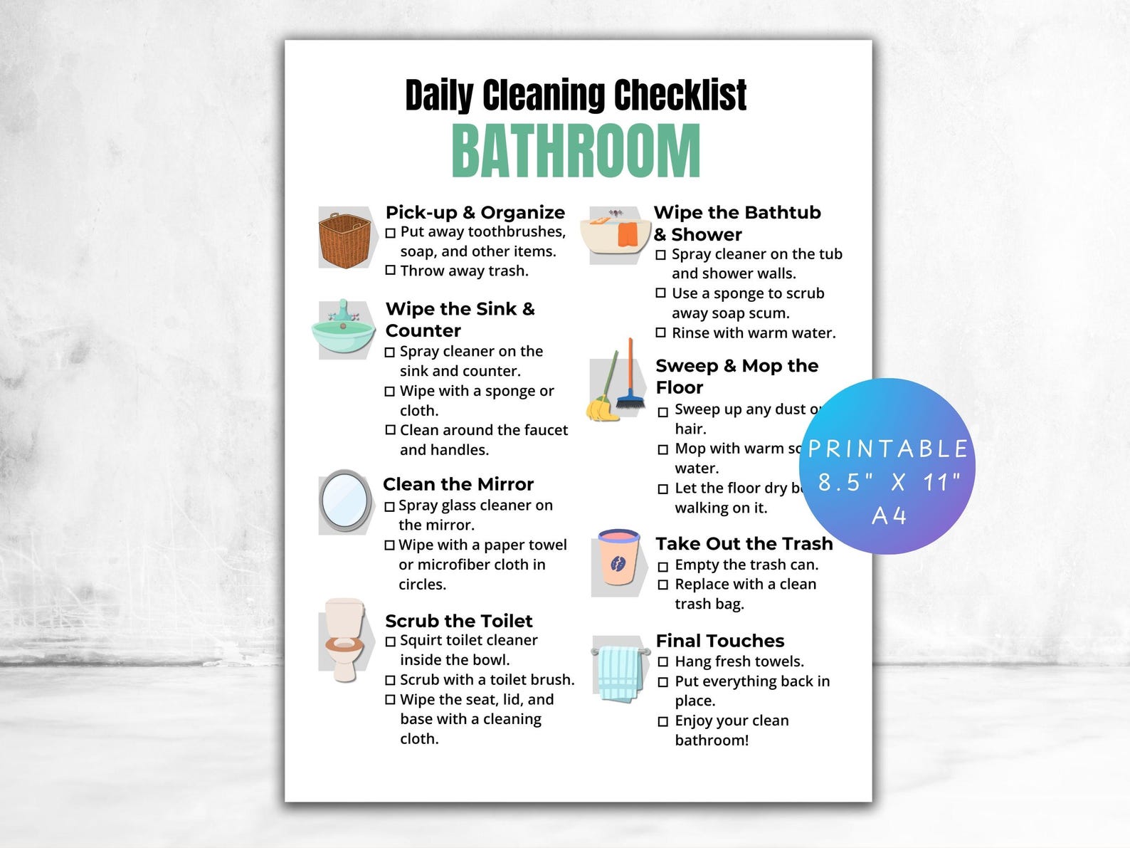 Bathroom Cleaning Checklist, Bathroom Cleaning Chart, Bathroom Cleaning ...