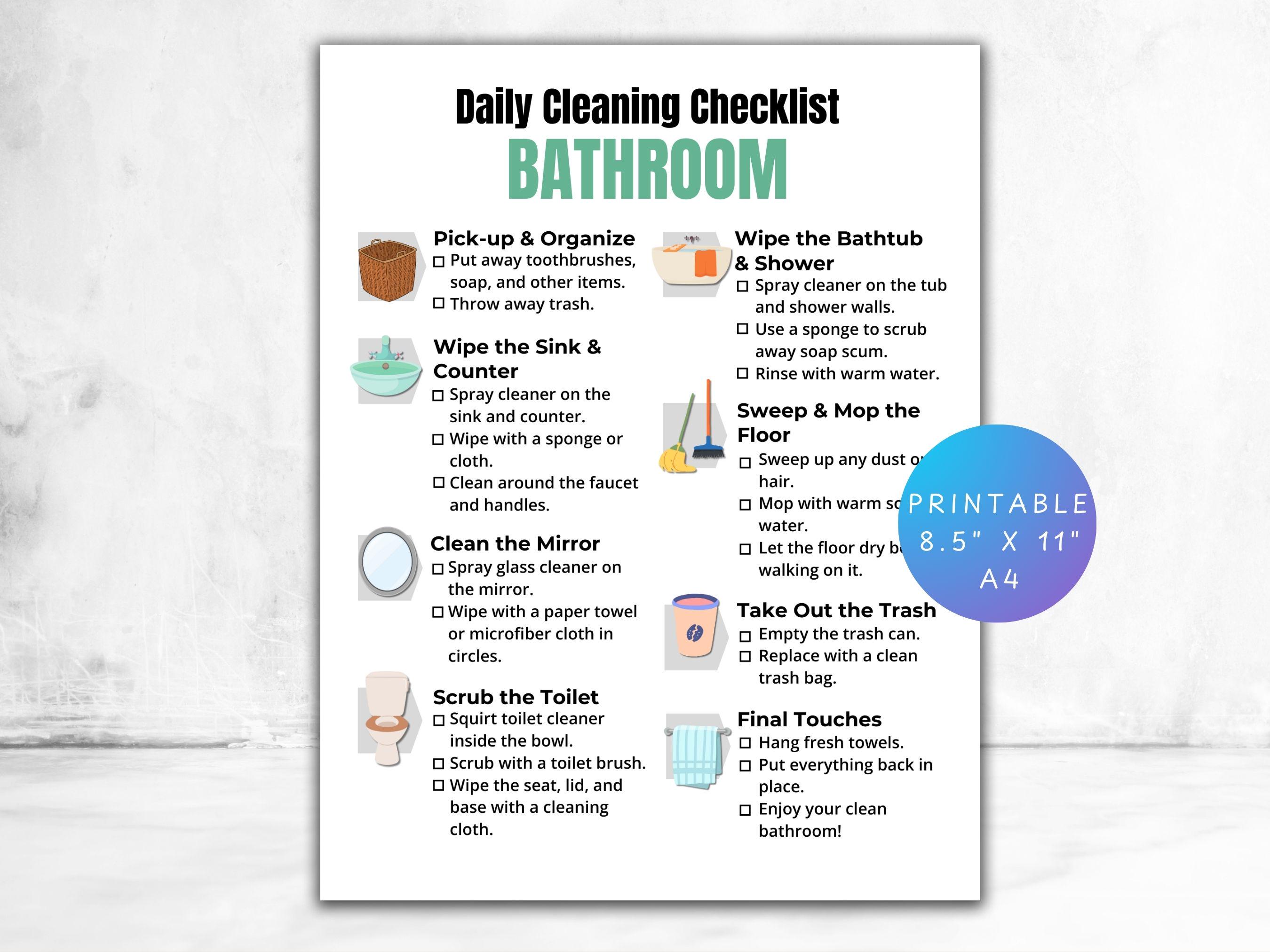 Bathroom Cleaning Checklist, Bathroom Cleaning Chart, Bathroom Cleaning ...
