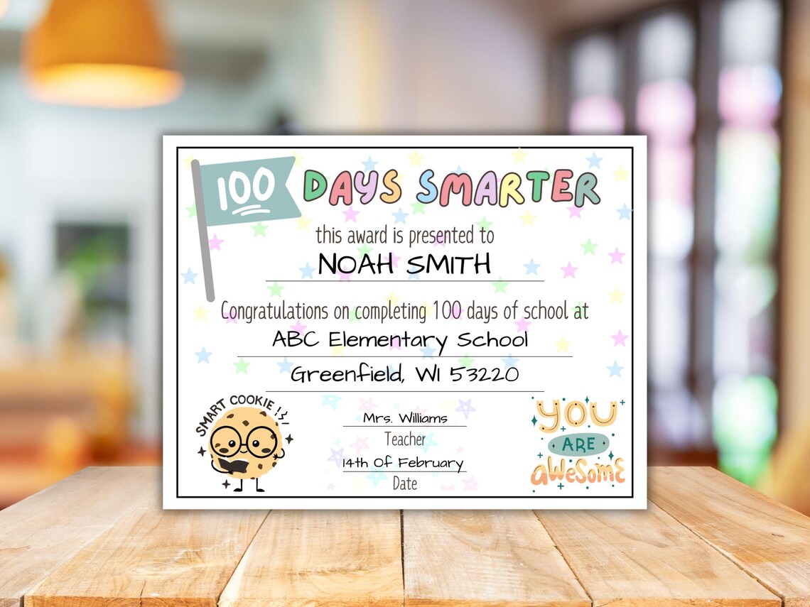 100th Day of School Certificate: Student Award (PDF Printable) - Etsy