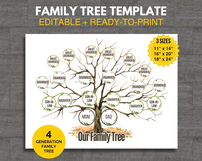 Editable Family Tree Template for Four Generations - Etsy Canada