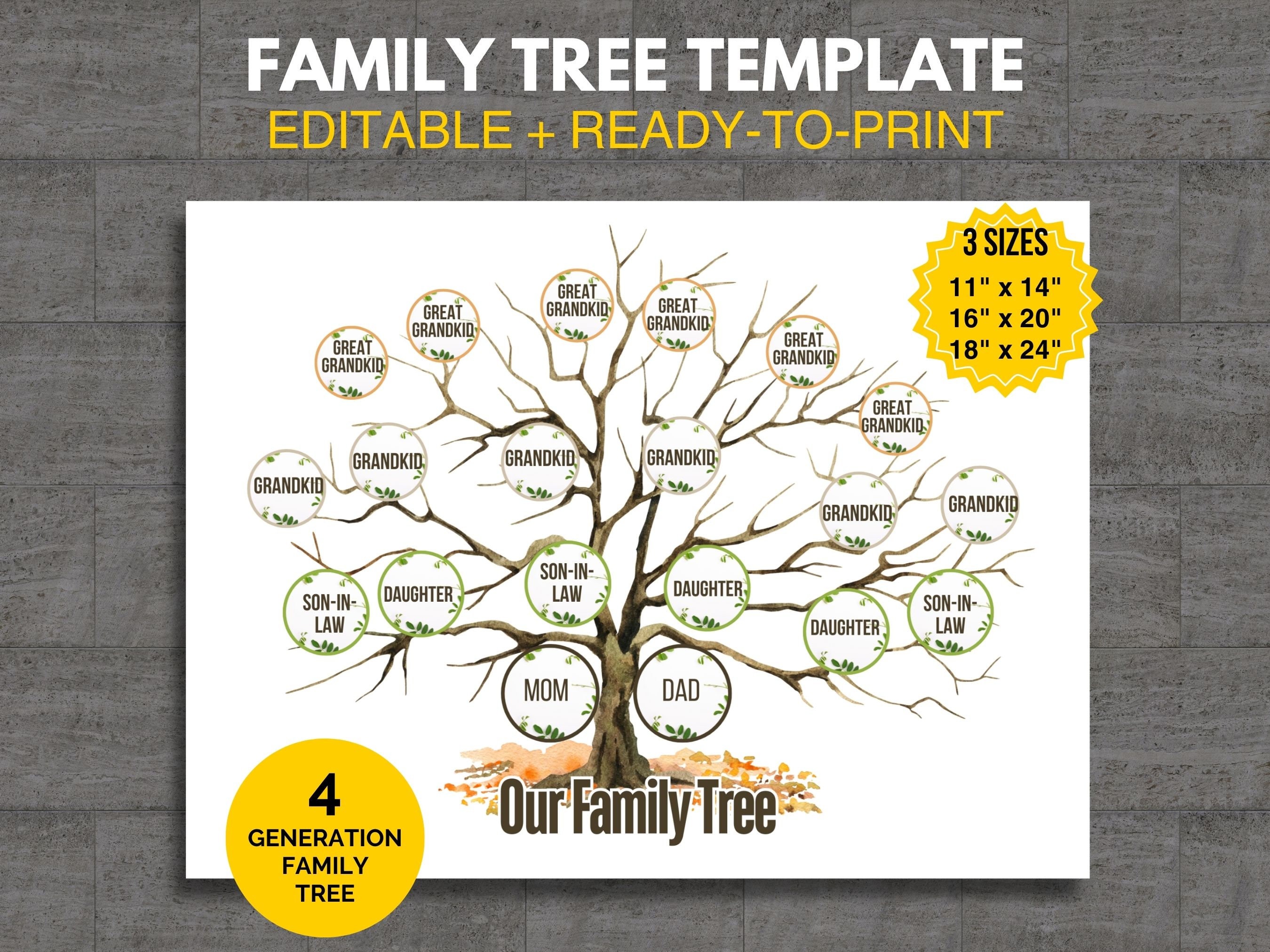 Editable Family Tree Template: 4-generation Wall Art (PDF) - Etsy