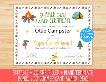 Editable Summer Camp Award Certificates | Camp Awards | Day Camp Awards ...
