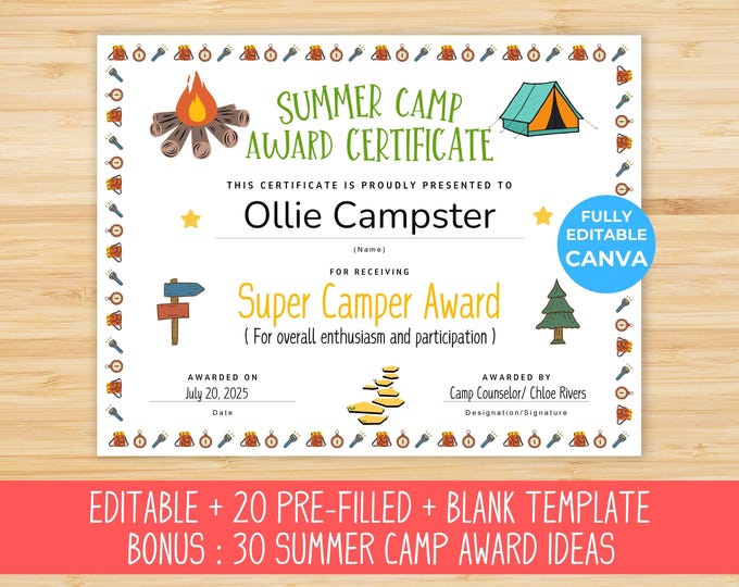 Editable Summer Camp Award Certificates | Camp Awards | Day Camp Awards ...