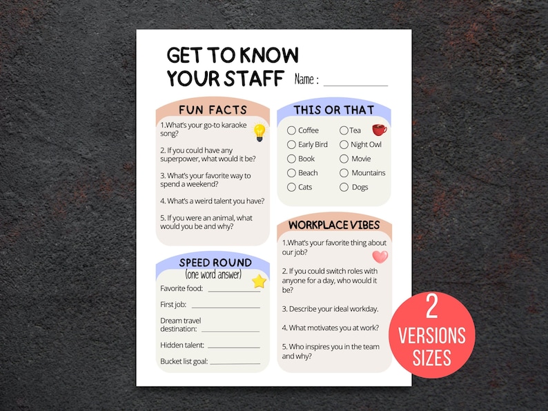 Team Building Questionnaire: Get to Know Your Staff Coworker (PDF) - Etsy