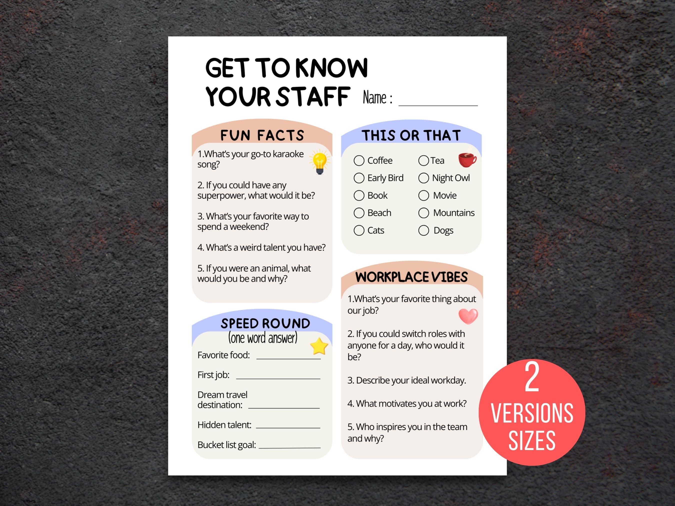 Team Building Questionnaire: Get to Know Your Staff Coworker (PDF) - Etsy