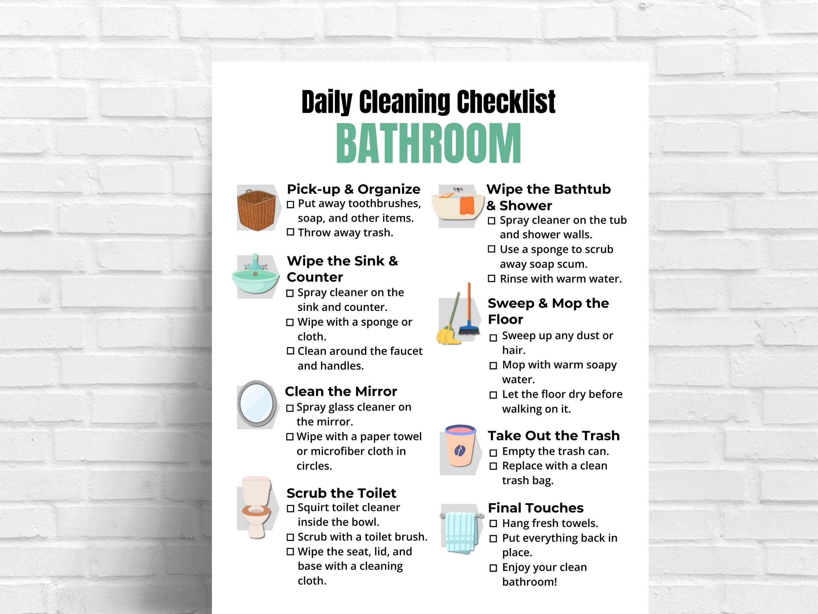 Bathroom Cleaning Checklist, Bathroom Cleaning Chart, Bathroom Cleaning ...