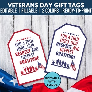 Veterans Day Gift Tag, Veterans Day Tags, Veterans Day Labels, Editable ...