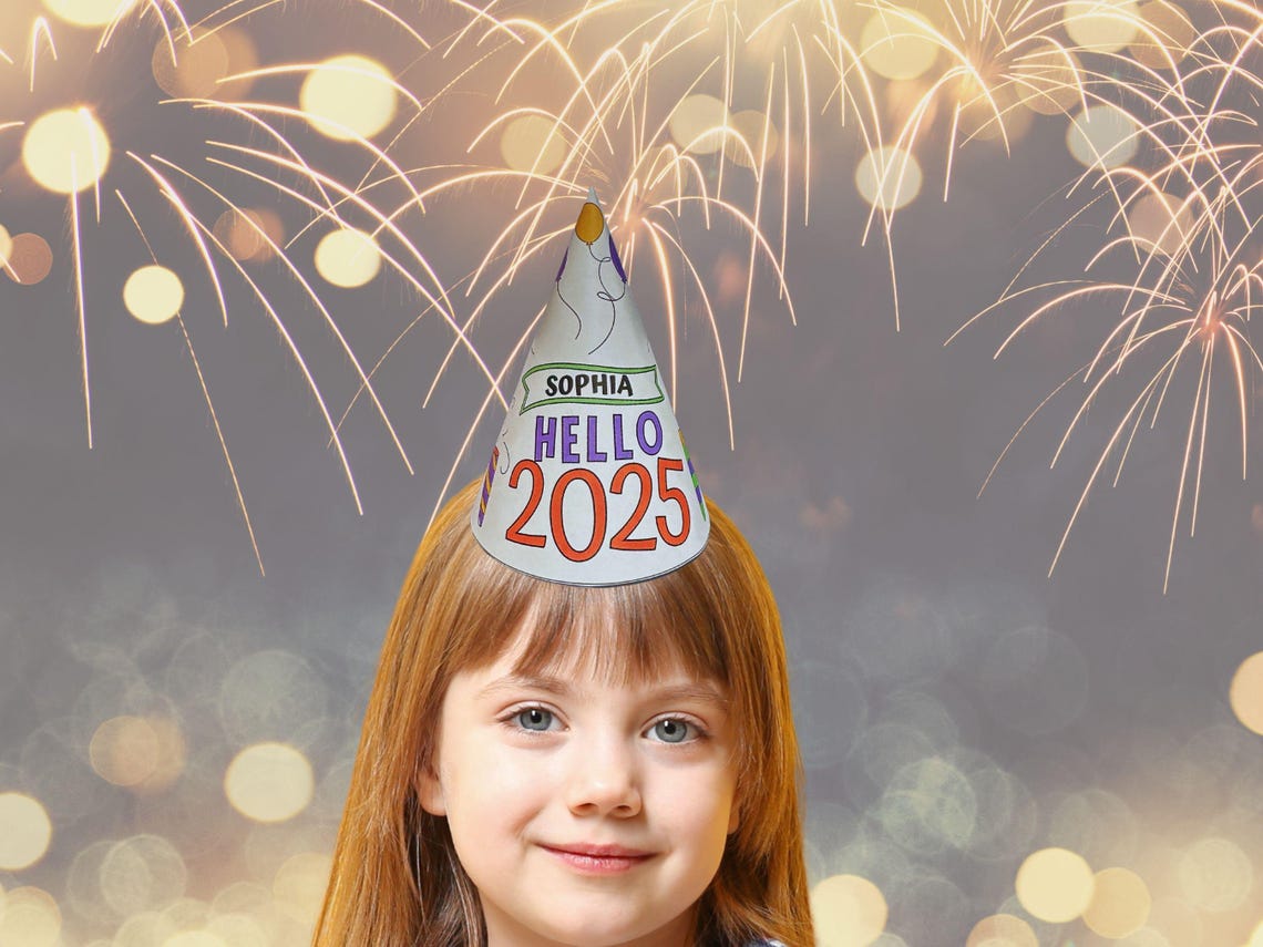 2025 New Year Party Hat, Printable Color Your Own Party Hat, Kids New ...