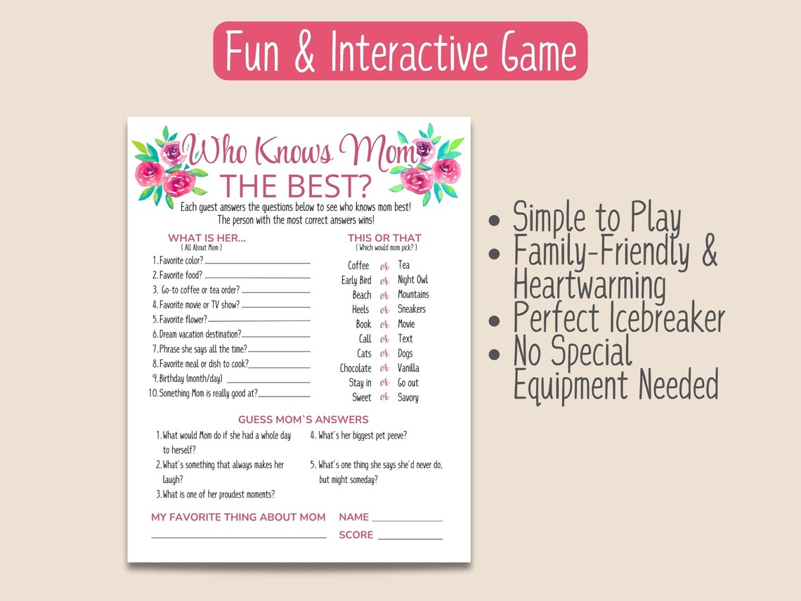 Who Knows Mom the Best Mothers Day Game, Mothers Day Trivia, Mothers ...