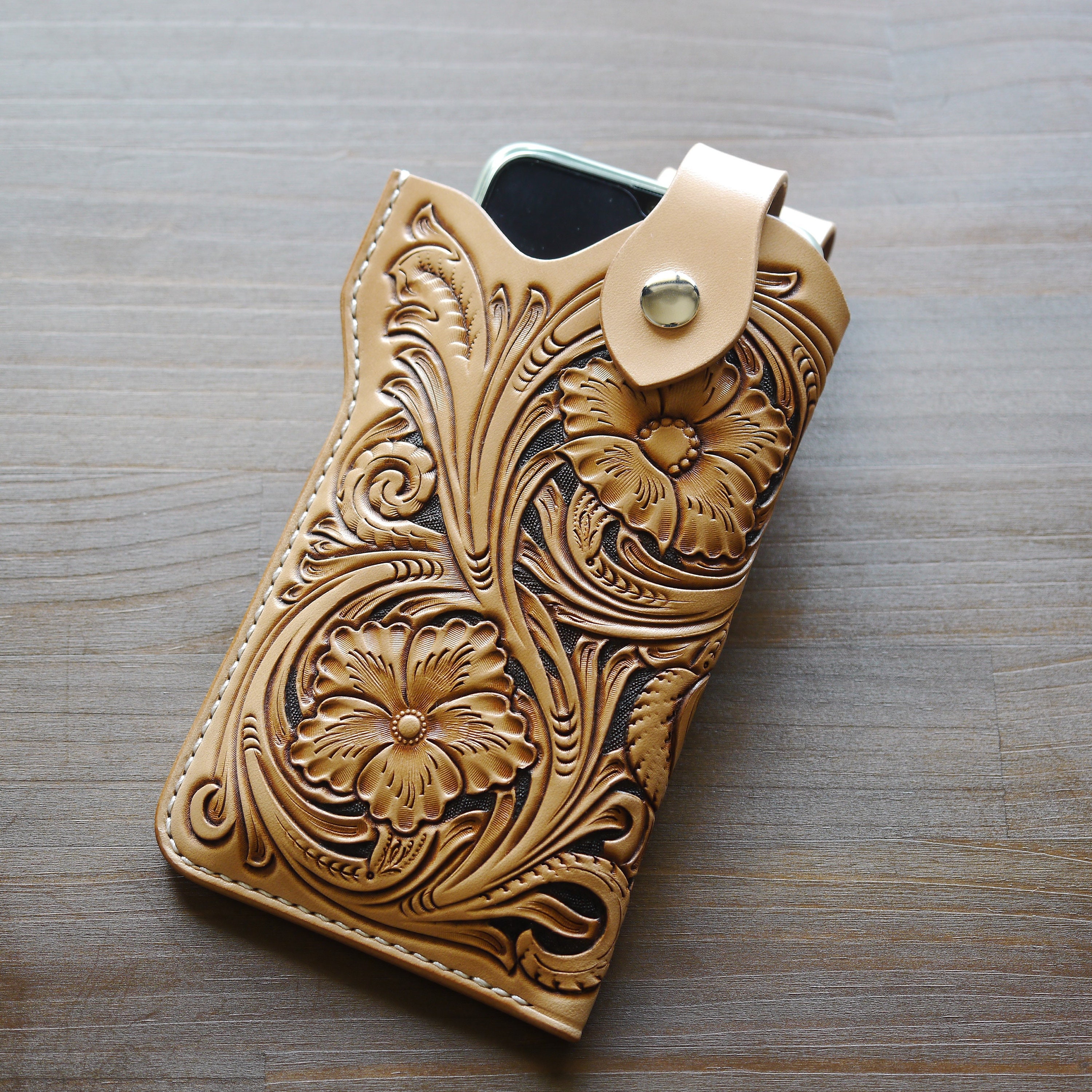 Western Holster-type Phone Holder, Leather Carving,made in Japan ...