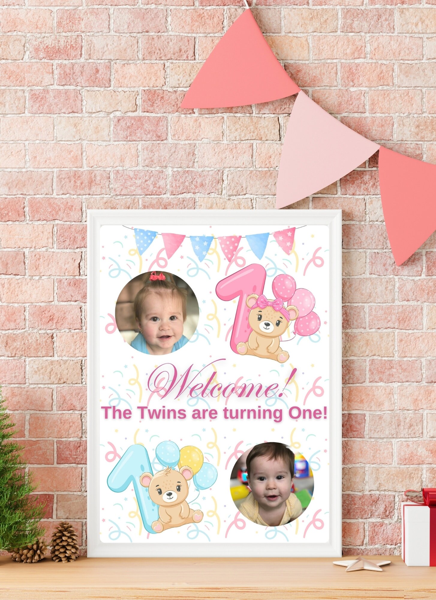 Twins 1st Birthday Invitation Bundle: Pink & Blue Canva Template ...
