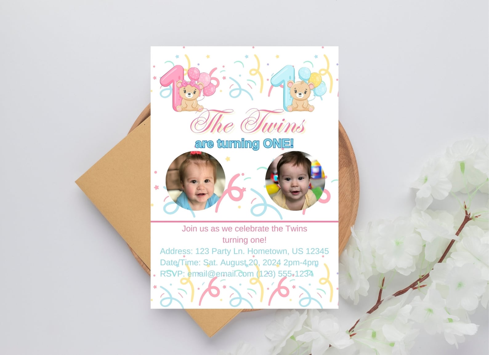 Twins 1st Birthday Invitation Bundle: Pink & Blue Canva Template ...