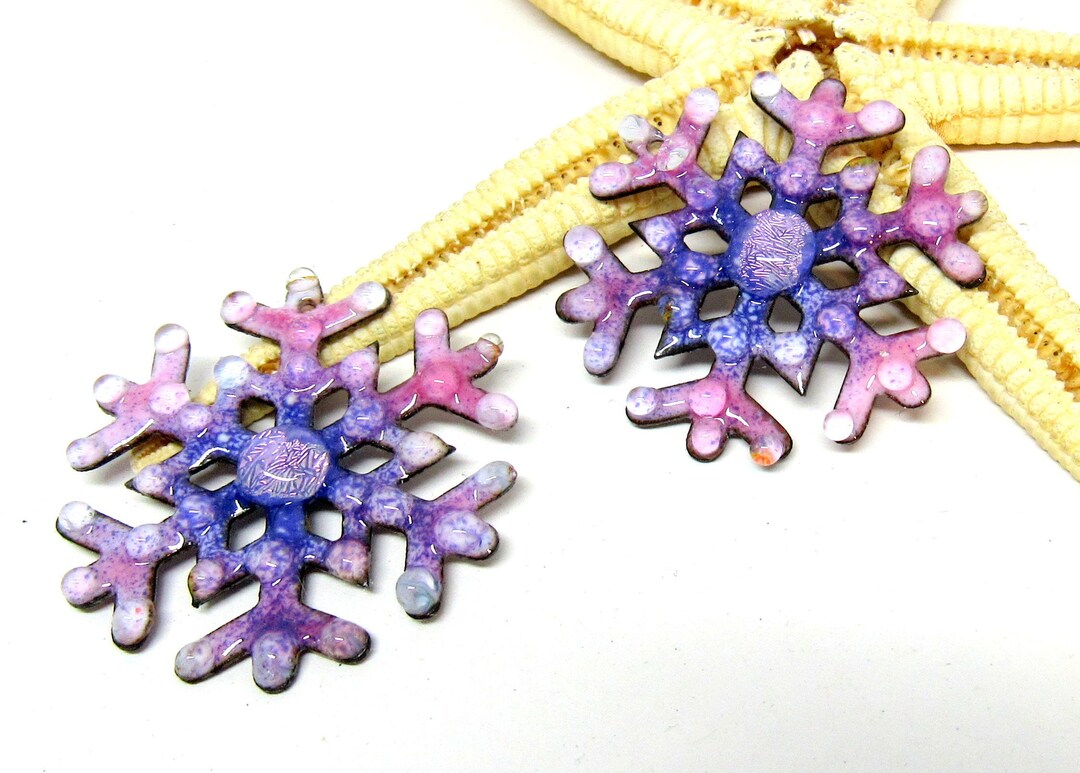 2 Copper-elements Enameled Snowflake, Components for Jewelry Making ...
