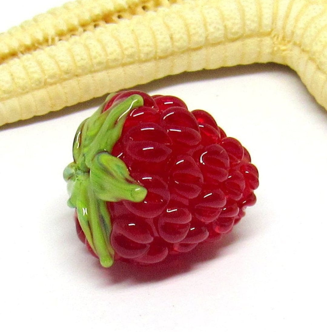 1 Raspberry Bead With Green Leaves, 13mm, Lampwork, Muranoglass, Hole ...