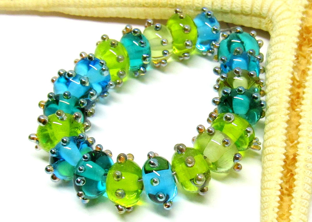 10 Glassbeads, Lampwork, Muranoglass, 9x6mm, Blue, Green, Hole 2mm, MTO ...