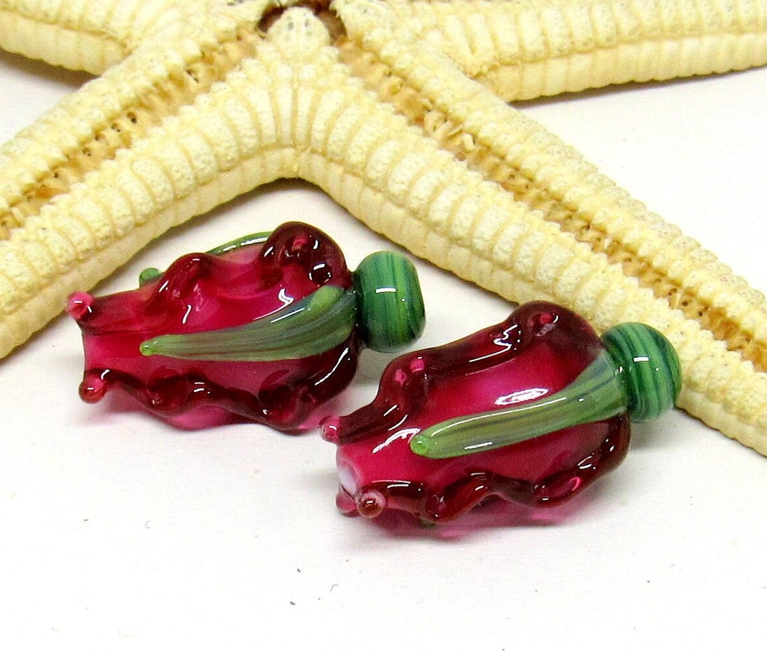 2 Rosebud Beads, Lampwork, Muranoglass, Glass, Pink, Green, Hole 2mm ...