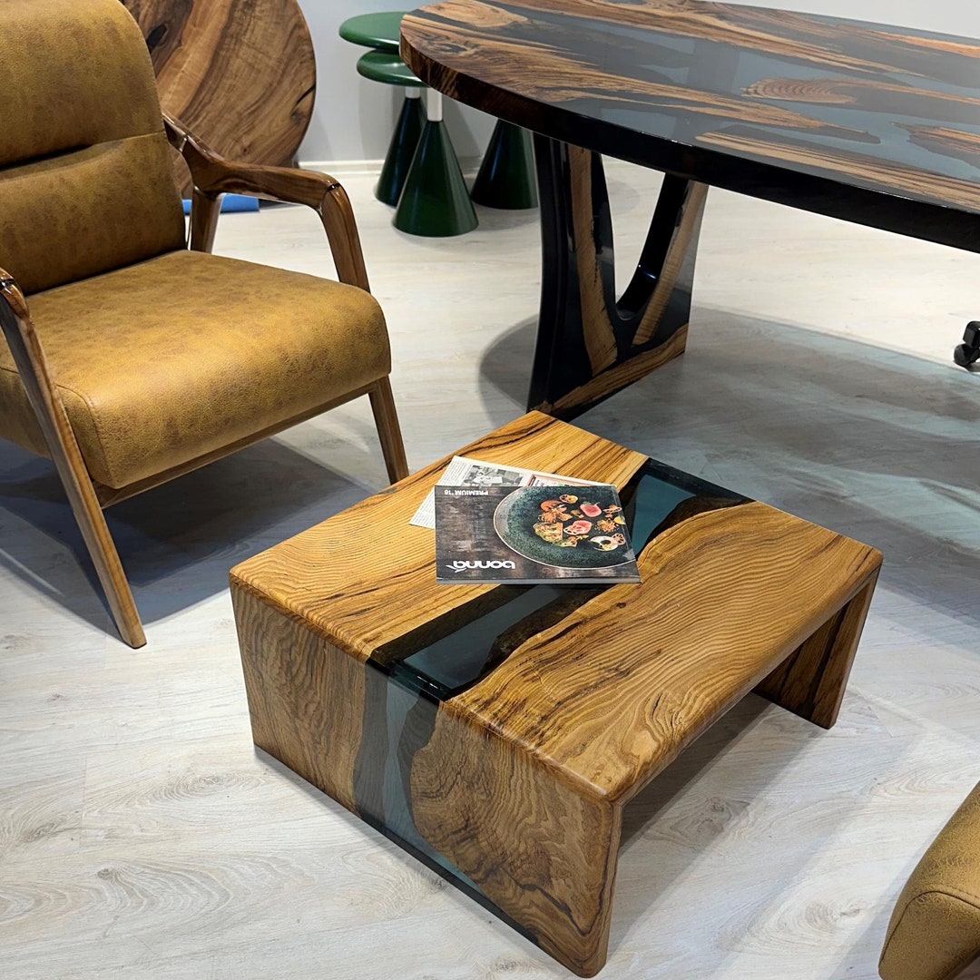 Handmade Modern Office End Table Natural Wood and Resin Design, 27x26 ...