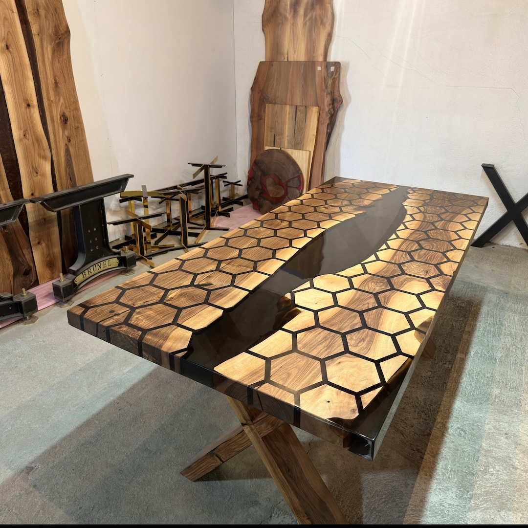Custom Honeycomb Black Epoxy Resin Dining Table Walnut Epoxy Log Table ...