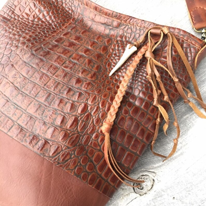 Embossed Alligator Leather Bag in Oxblood / Dark Cognac With Detachable ...