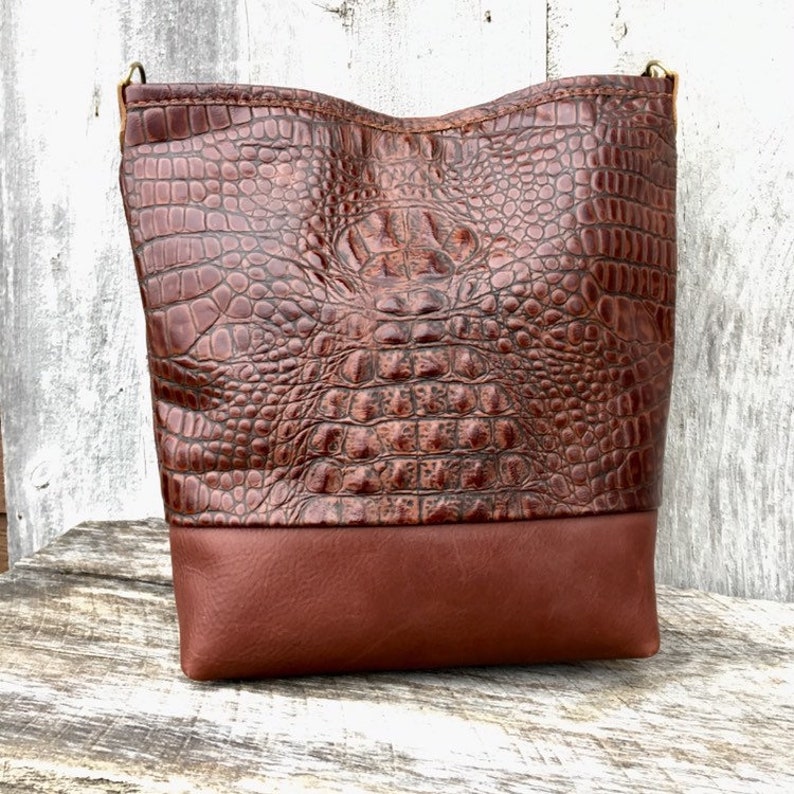 Embossed Alligator Leather Bag in Oxblood / Dark Cognac With Detachable ...