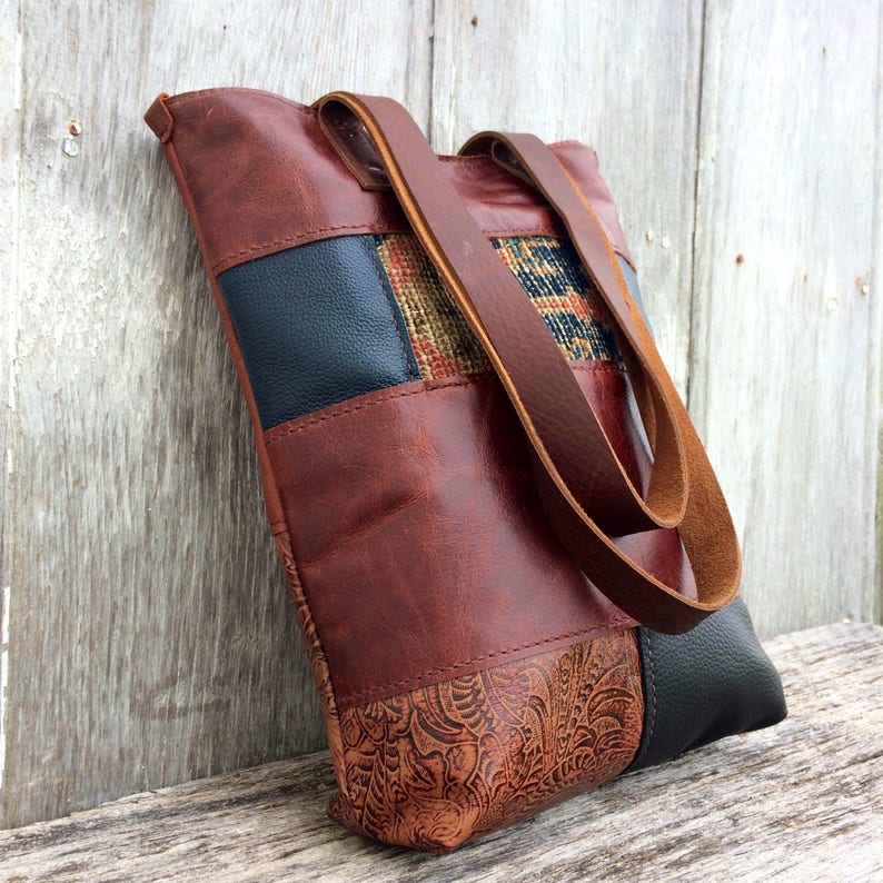 Leather Patchwork Carpetbag Tote in Distressed Chestnut and | Etsy