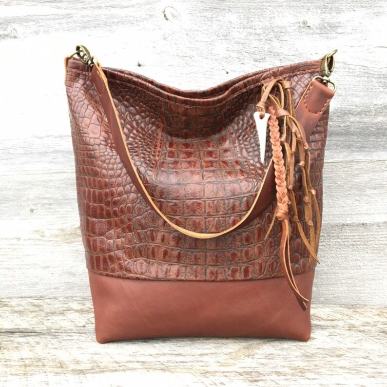 Embossed Alligator Leather Bag in Oxblood / Dark Cognac With Detachable ...