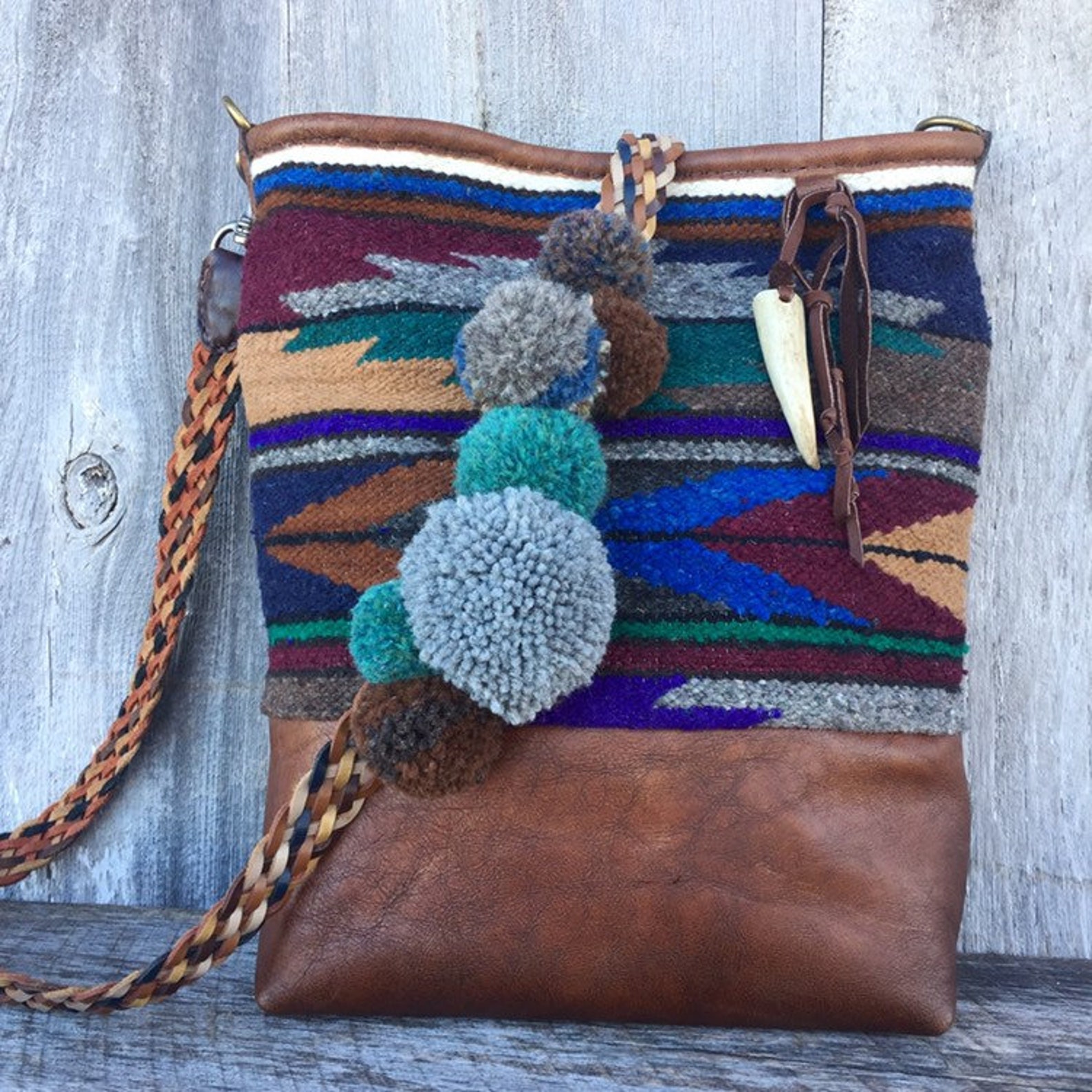 Leather Aztec Bag in Distressed Cowhide With Pom Pom Strap | Etsy