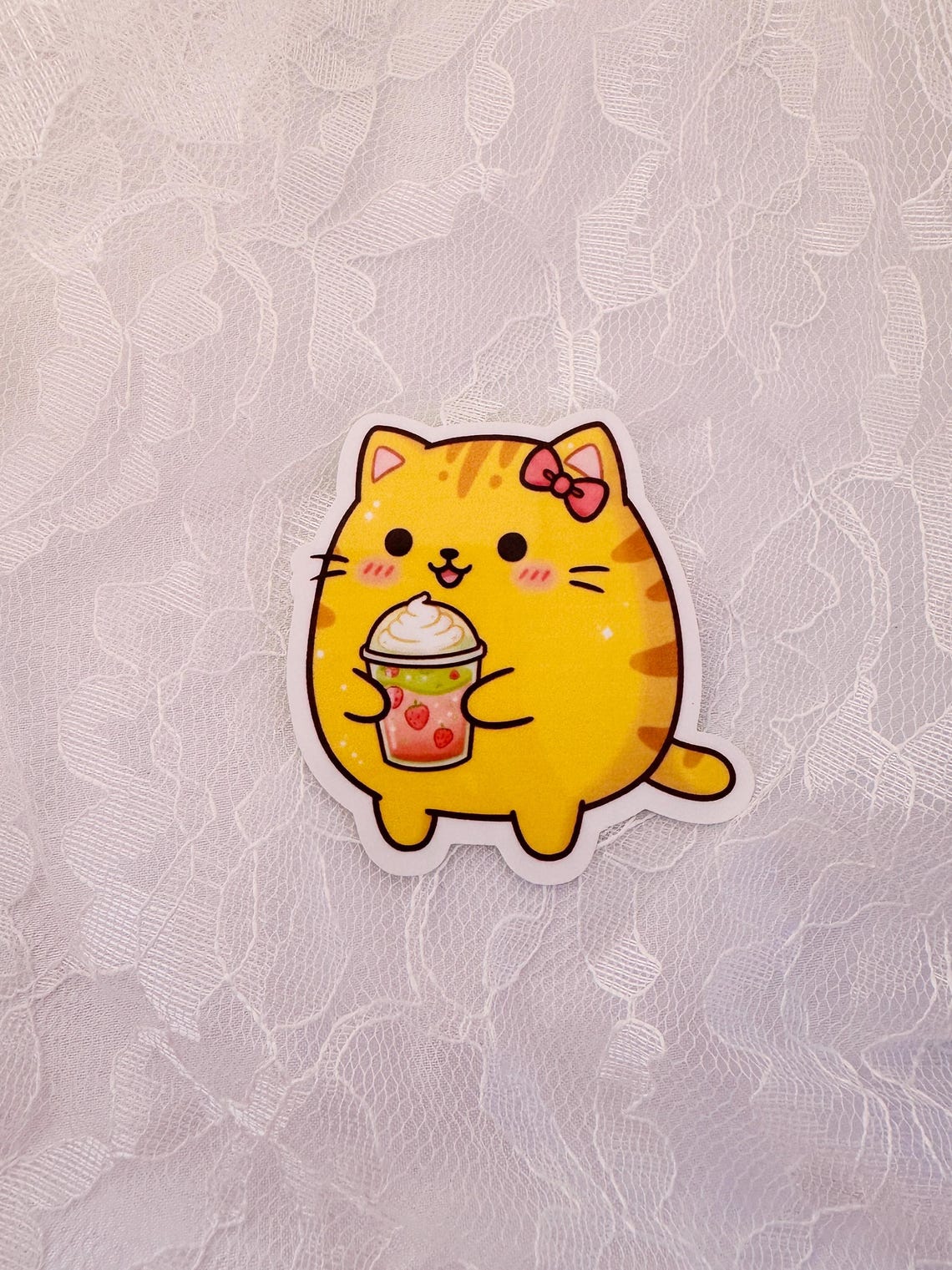 Kawaii Yellow Cat With Strawberry Matcha Sticker - Etsy