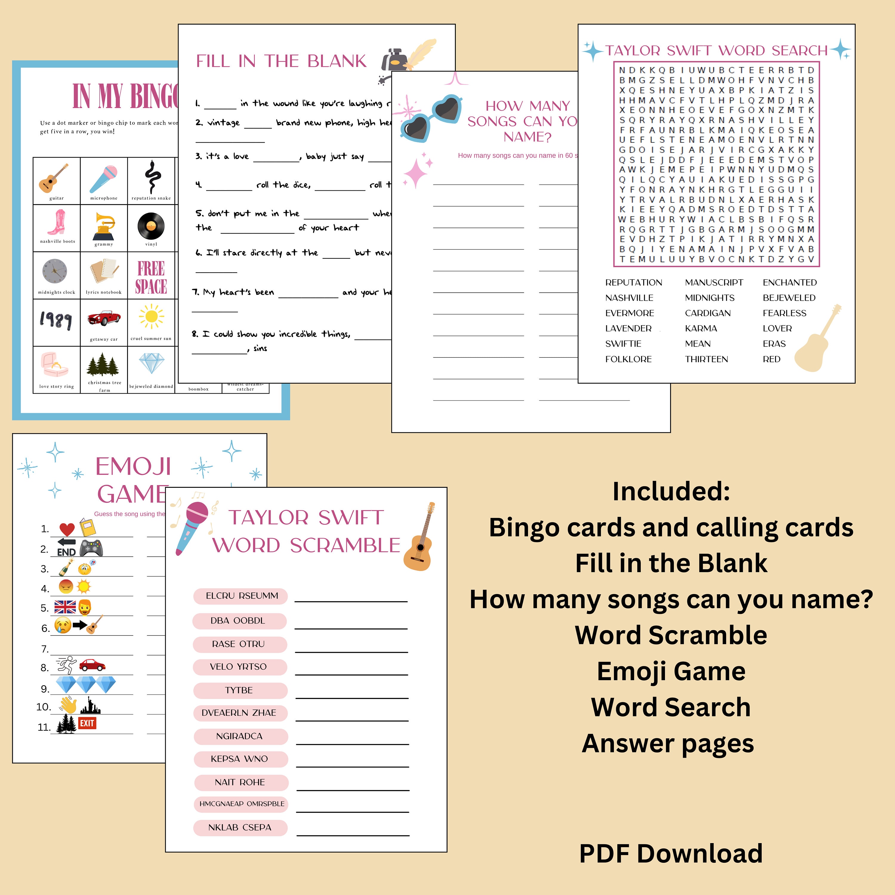 Swift Party Games Bundle Bingo Word Search Emoji Game Swiftie Eras ...